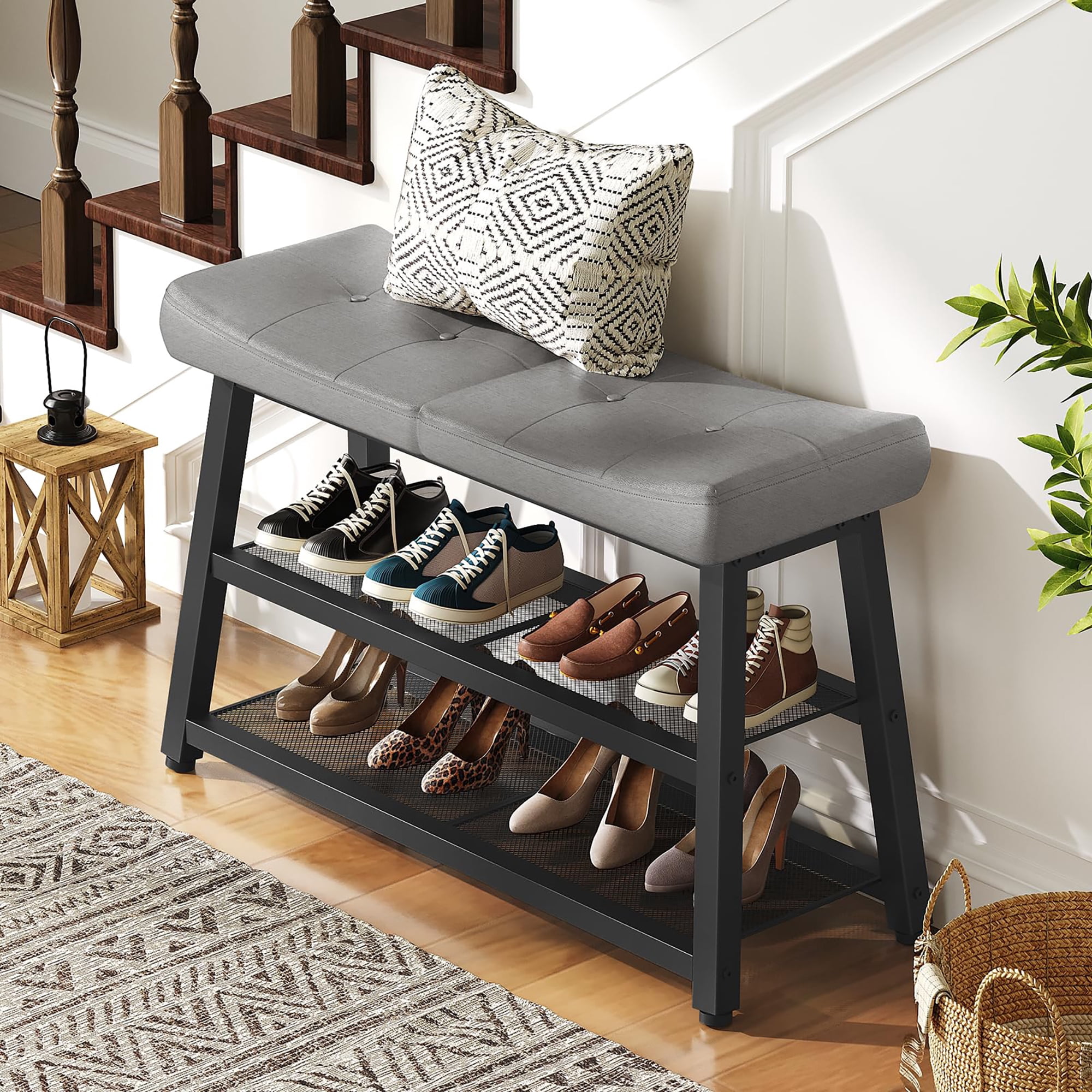 3-Tier Shoe Storage Bench with Cushion, Entryway Bench for Hallway ...