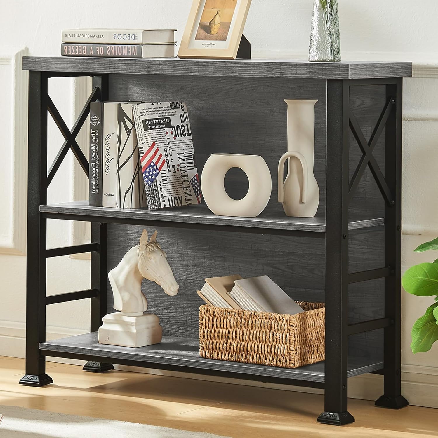 3 Tier Short Bookshelf with Metal Frame and Backboard, Grey Deep ...