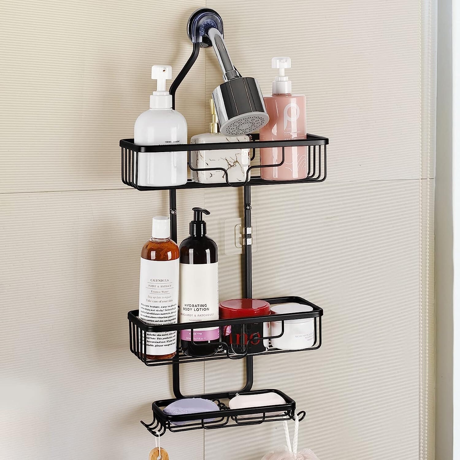 3 Tier Shower Racks with Hooks and Shampoo Soap Razor Holder Black ...