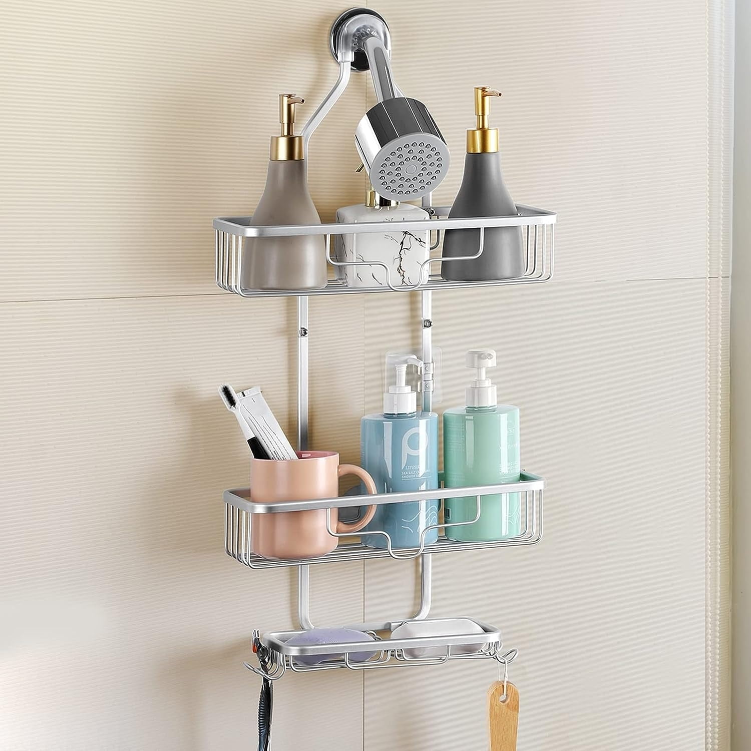 3 Tier Shower Racks with Hooks and Shampoo Soap Razor Holder Silver ...