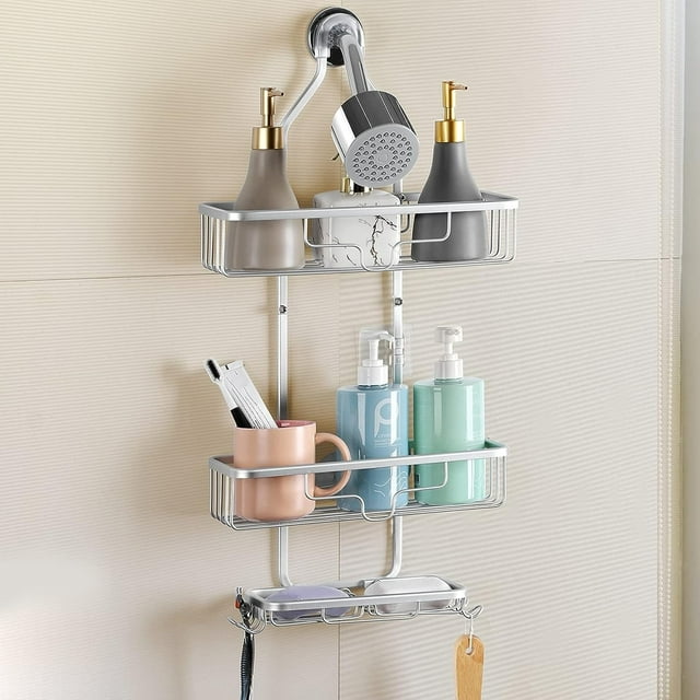 3 Tier Shower Racks with Hooks and Shampoo Soap Razor Holder Silver ...