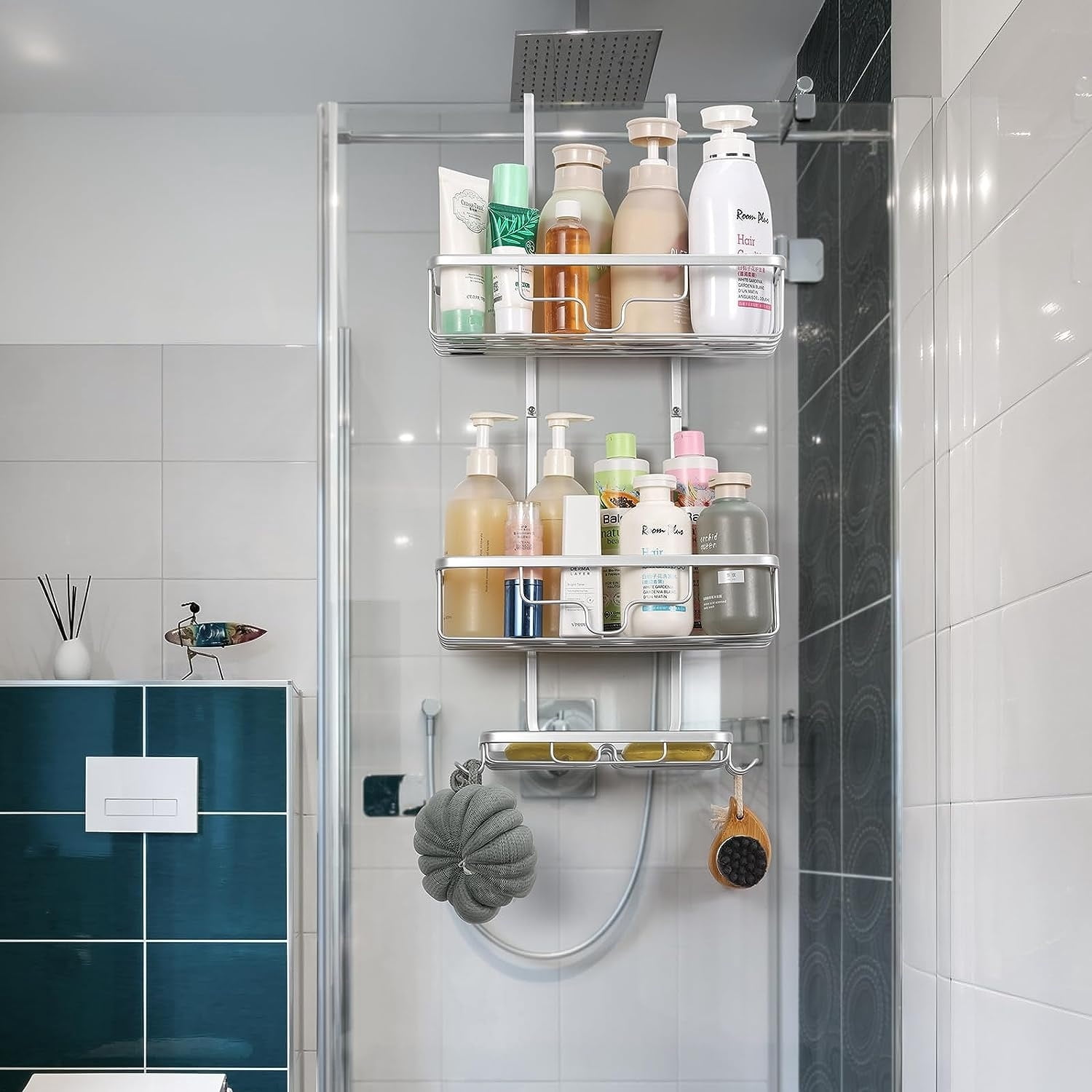 3 Tier Shower Racks with Hooks and Shampoo Soap Razor Holder Silver ...