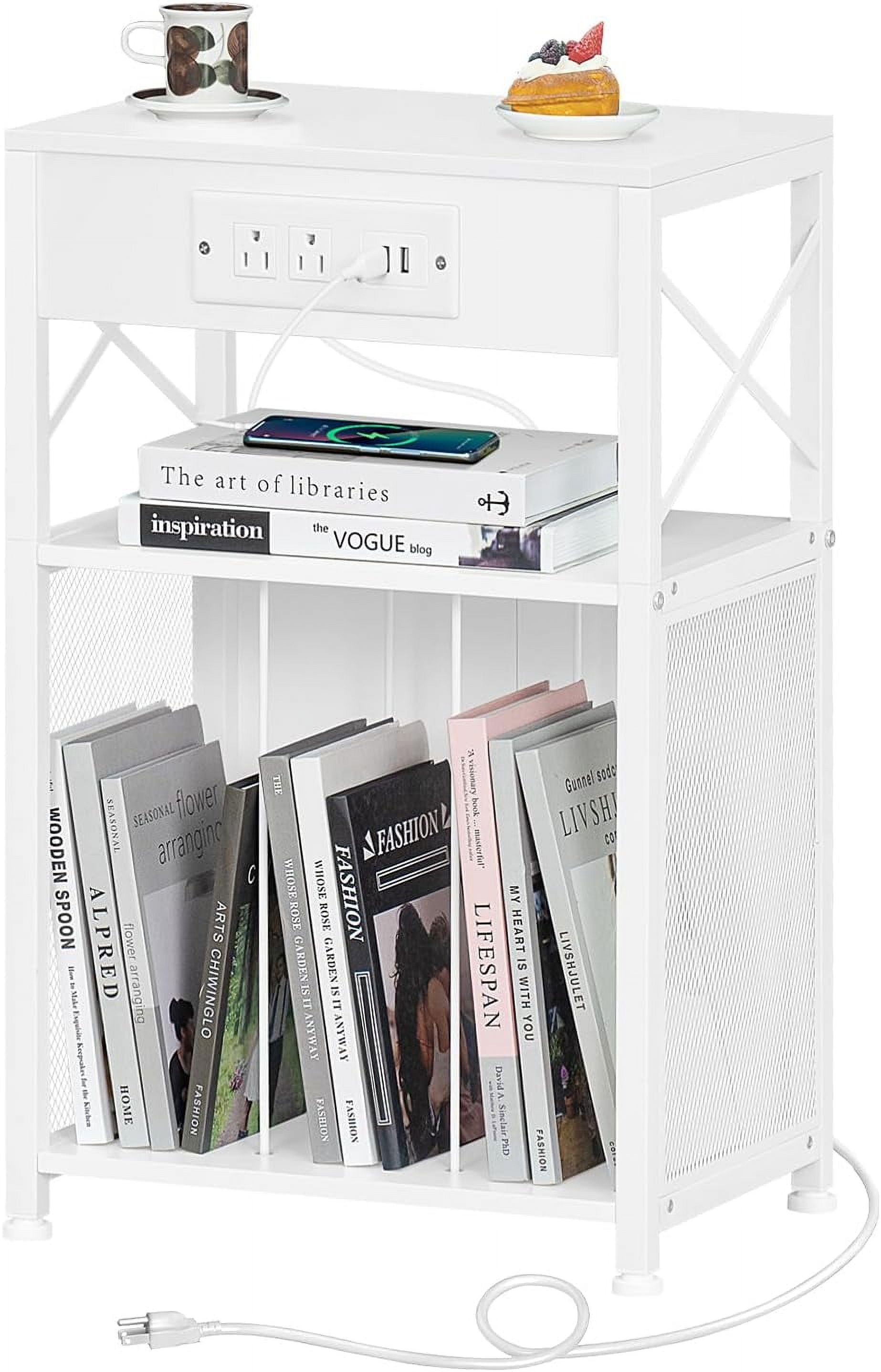 3 Tier Side Table with Charging Station, End Table with Display Shelf ...