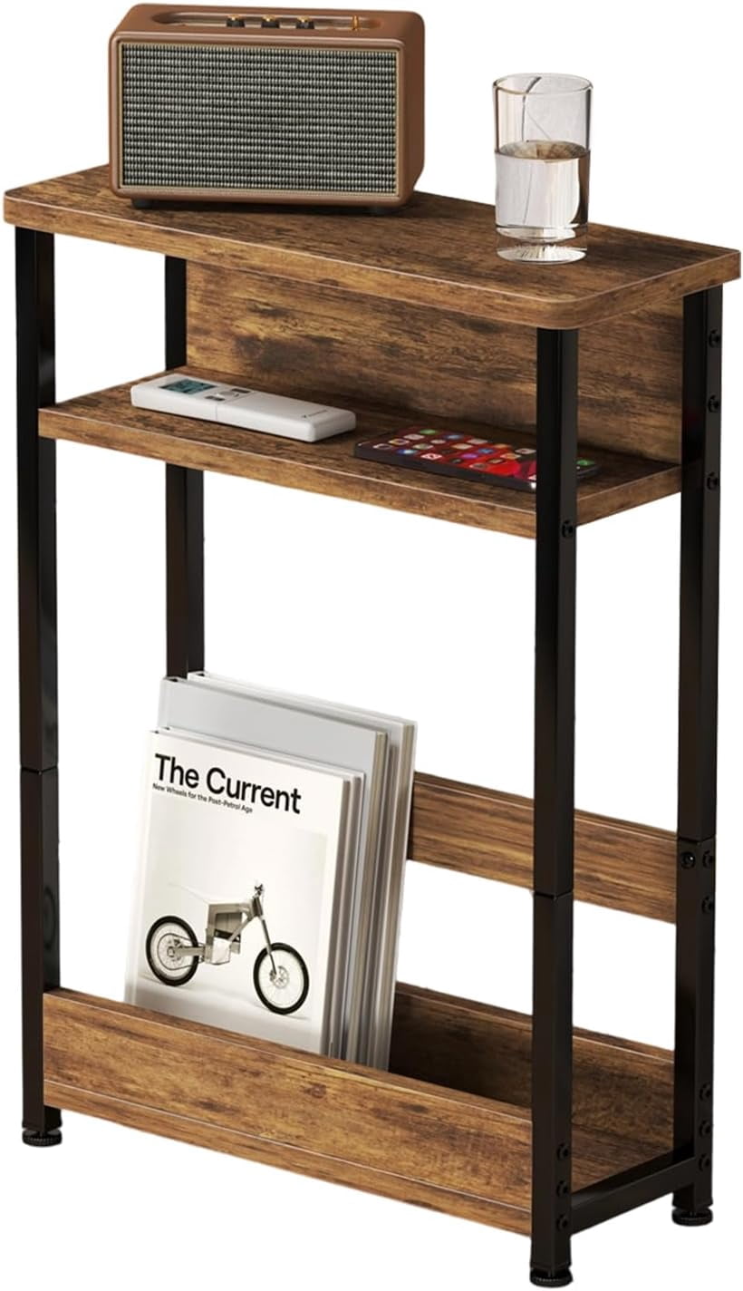 3-Tier Side Table with Drawer and Magazine Rack,Slim Space-Saving End ...