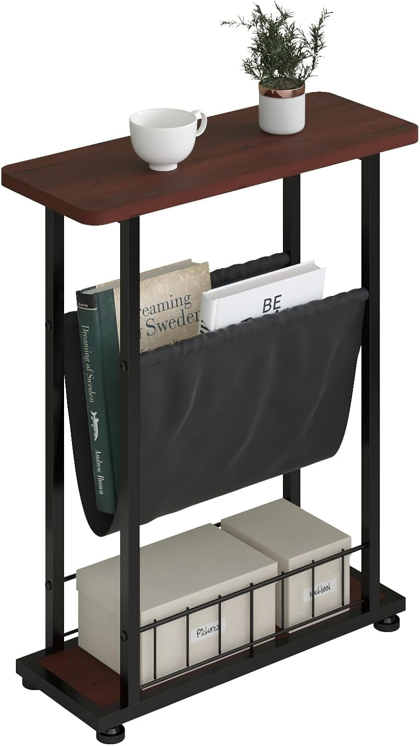 3 Tier Side Table with Magazine Holder, Industrial End Table with Open ...