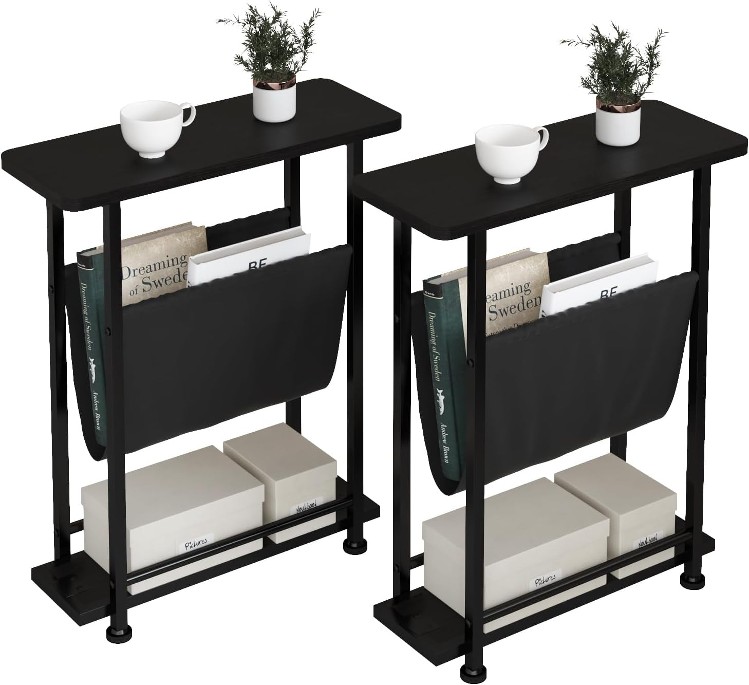 3 Tier Side Table Set of 2 with Magazine Holder, Industrial End Table ...