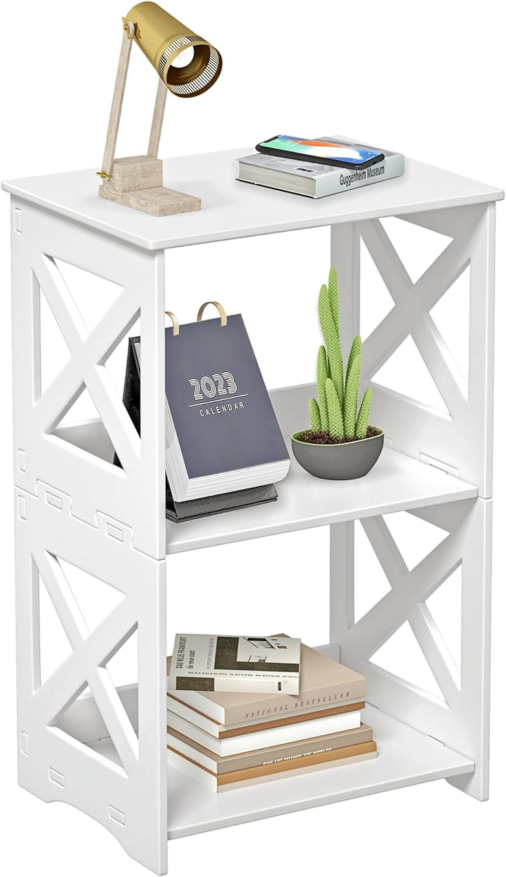 3-Tier Side Table, Small End Table with Storage Shelf, White Nightstand ...