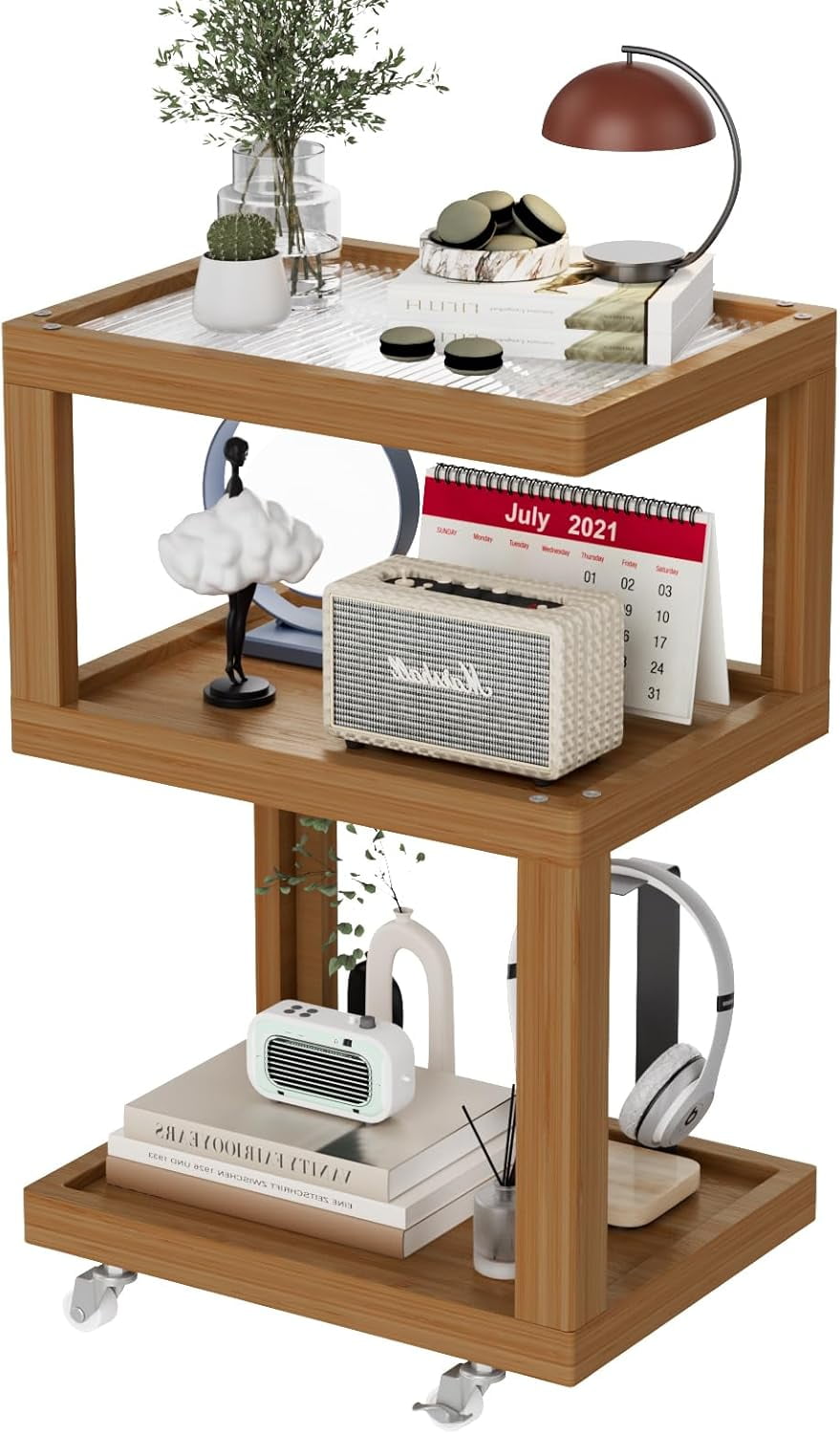 3-Tier Side Table - Walnut Geometric Design with Glass Top & Wheels ...