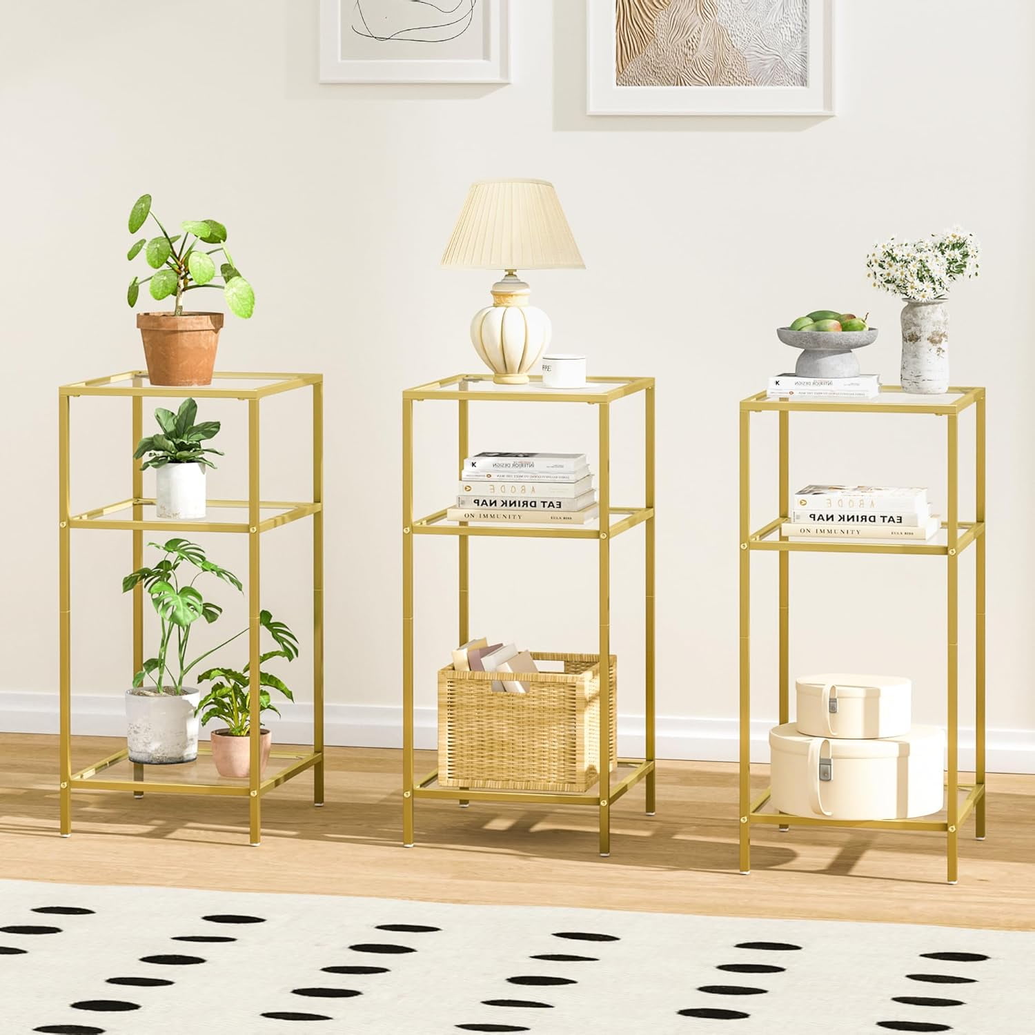 3-Tier Side Tables Set of 2, End Tables with Tempered Glass ...