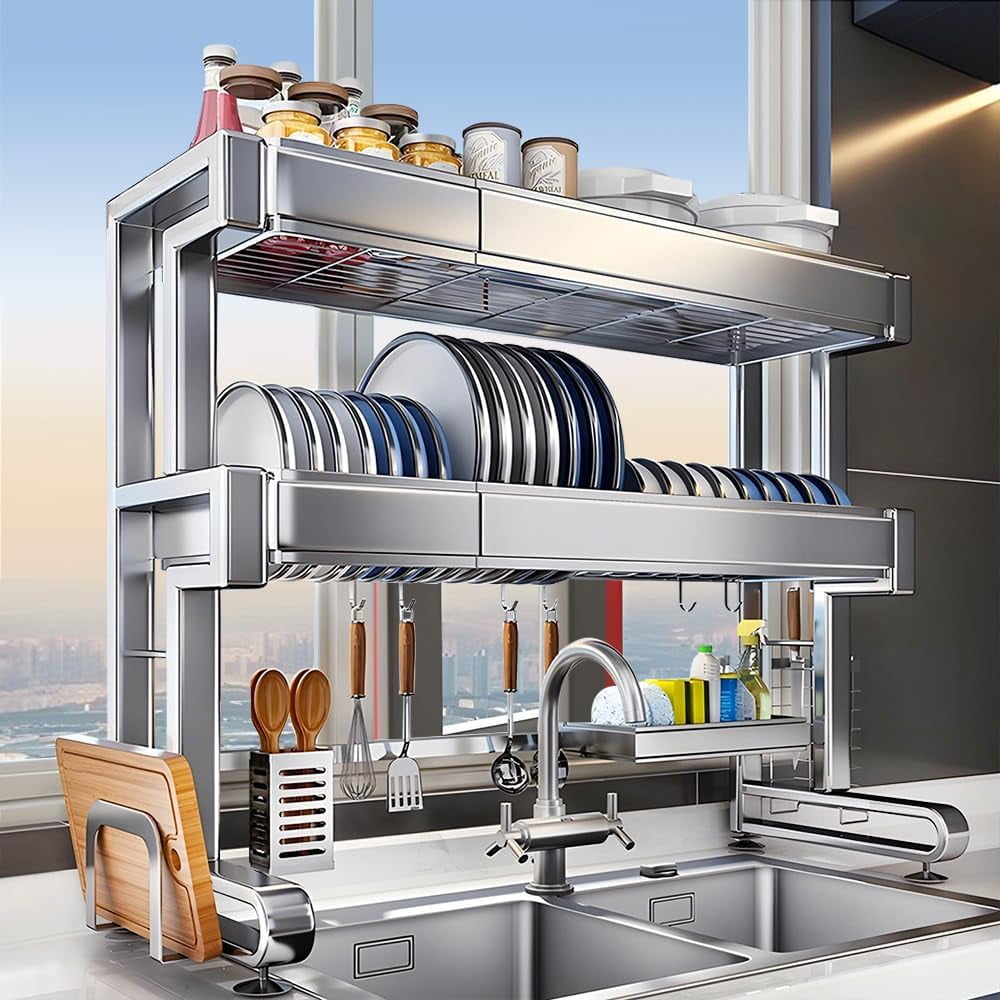 3-Tier Over The Sink Dish Drainer Drying Rack, Adjustable Stainless ...