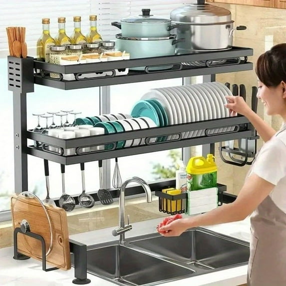 3-Tier Over Sink Dish Draining Rack Adjustable Width and Height with ...