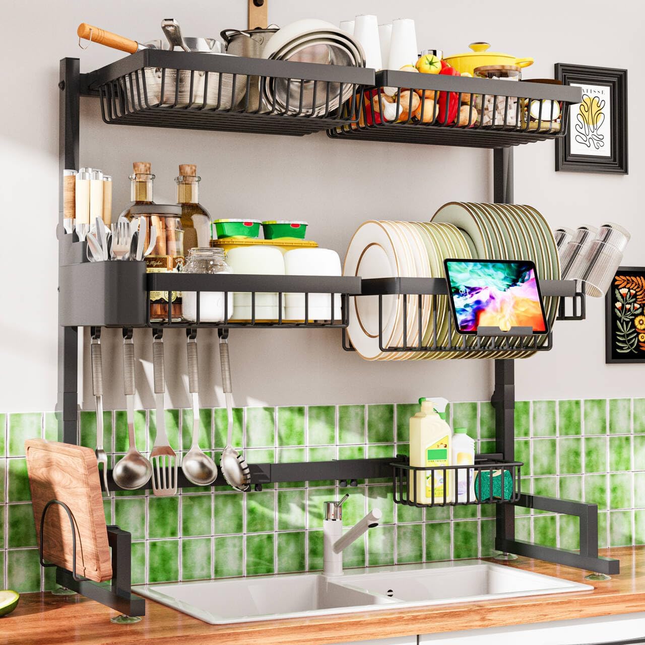 3-Tier Over Sink Dish Draining Rack, Adjustable Width and Height, with ...