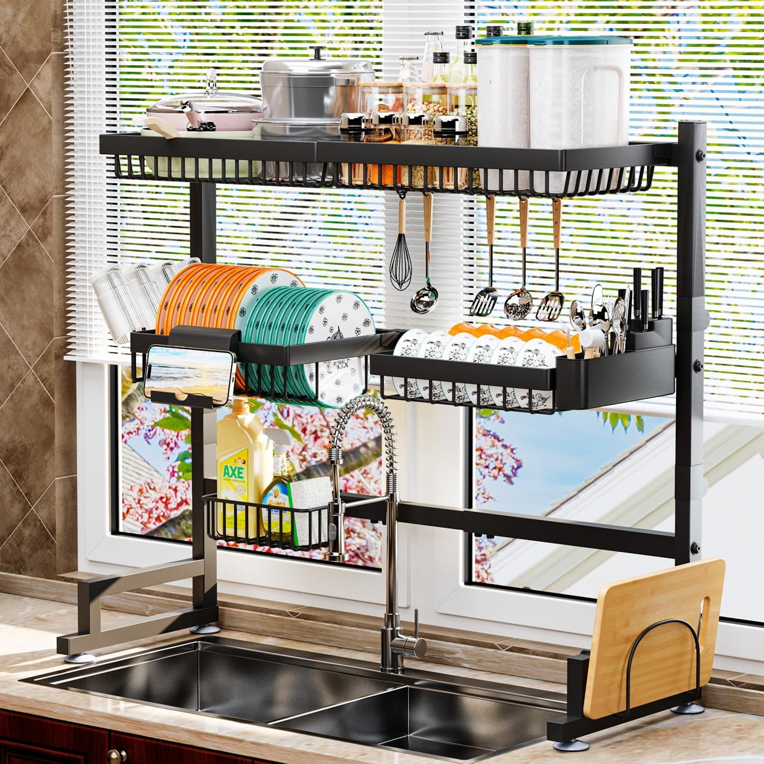 3-Tier Over Sink Dish Draining Rack, Adjustable Width and Height, with ...
