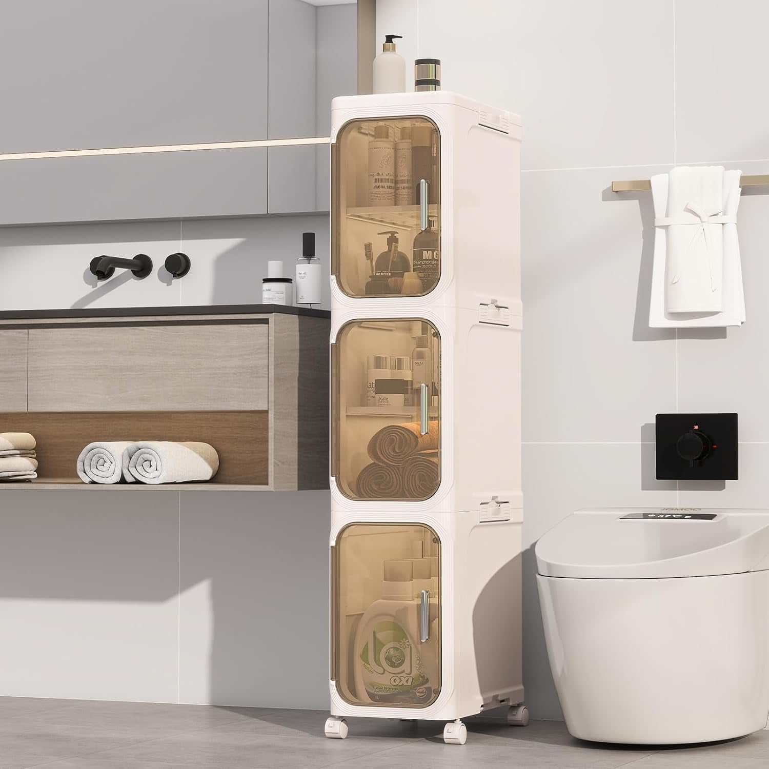 3-Tier Slim Bathroom Storage Cabinet, Foldable Narrow Organizer ...