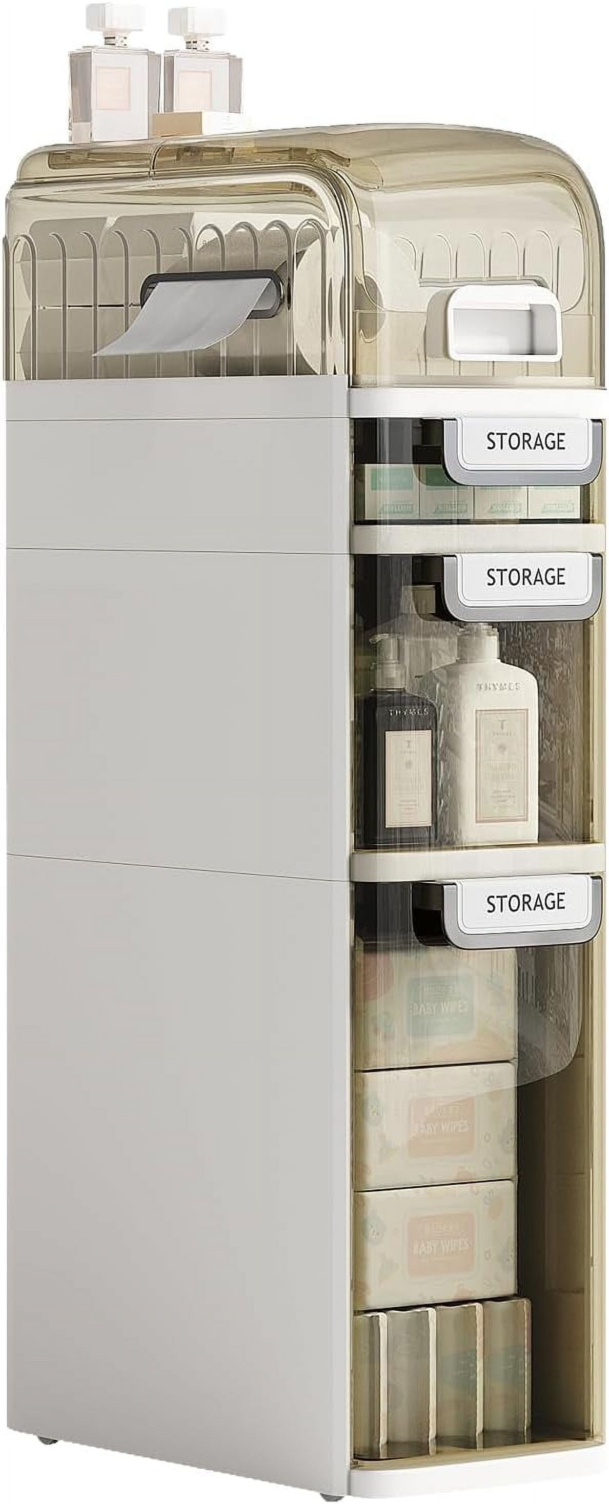 3 Tier Slim Bathroom Storage Cabinet, Narrow Organizer with Wheels and ...