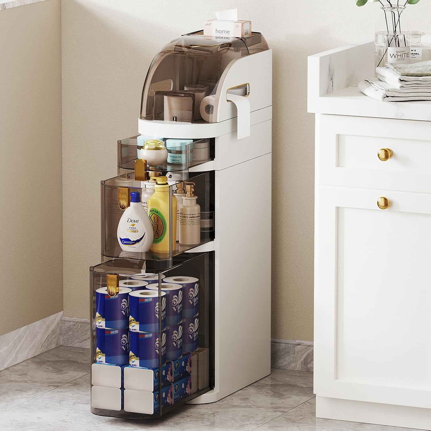 3-Tier Slim Bathroom Storage Cabinet, Waterproof Narrow Cabinet for ...