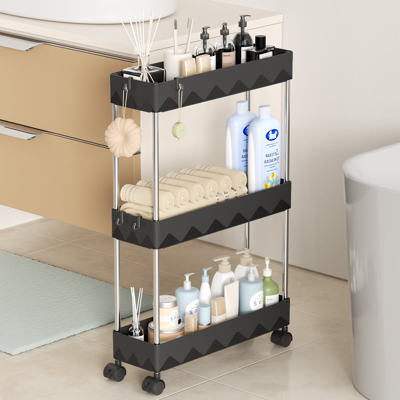 Slim Storage Cart 3 Tier Slim Cart, Bathroom Rolling Utility Cart ...