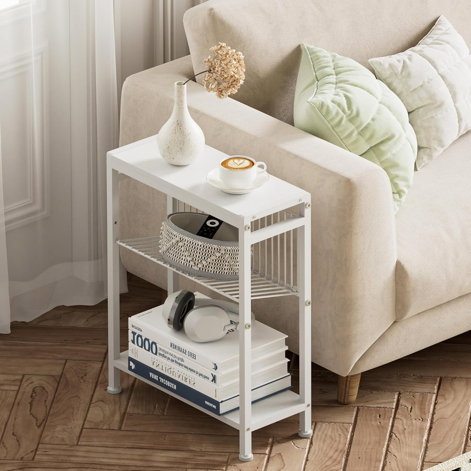 3-Tier Slim Side Table with Magazine Holder - Narrow End Table ...
