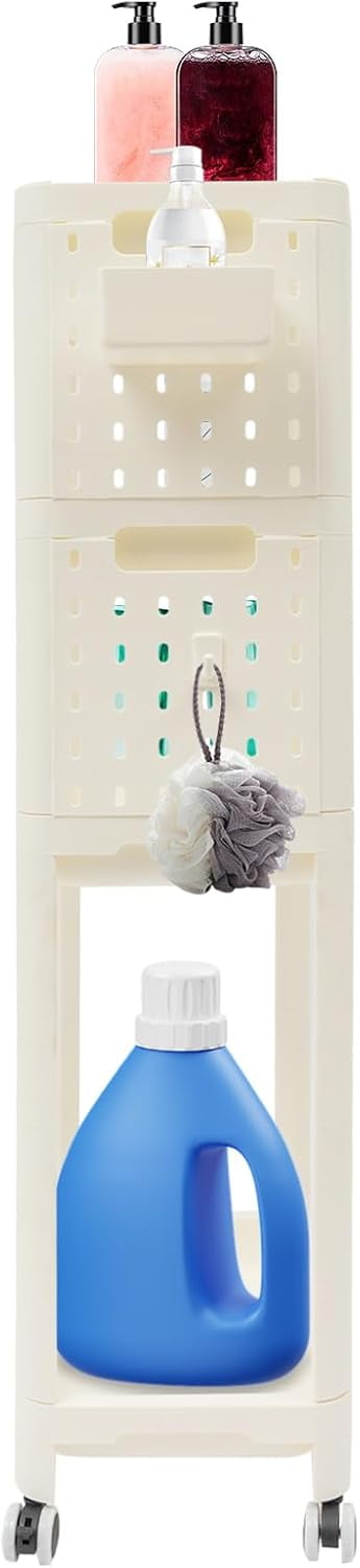 3 Tier Slim Storage Cart with Wheels, Light Yellow Rolling Utility Cart ...