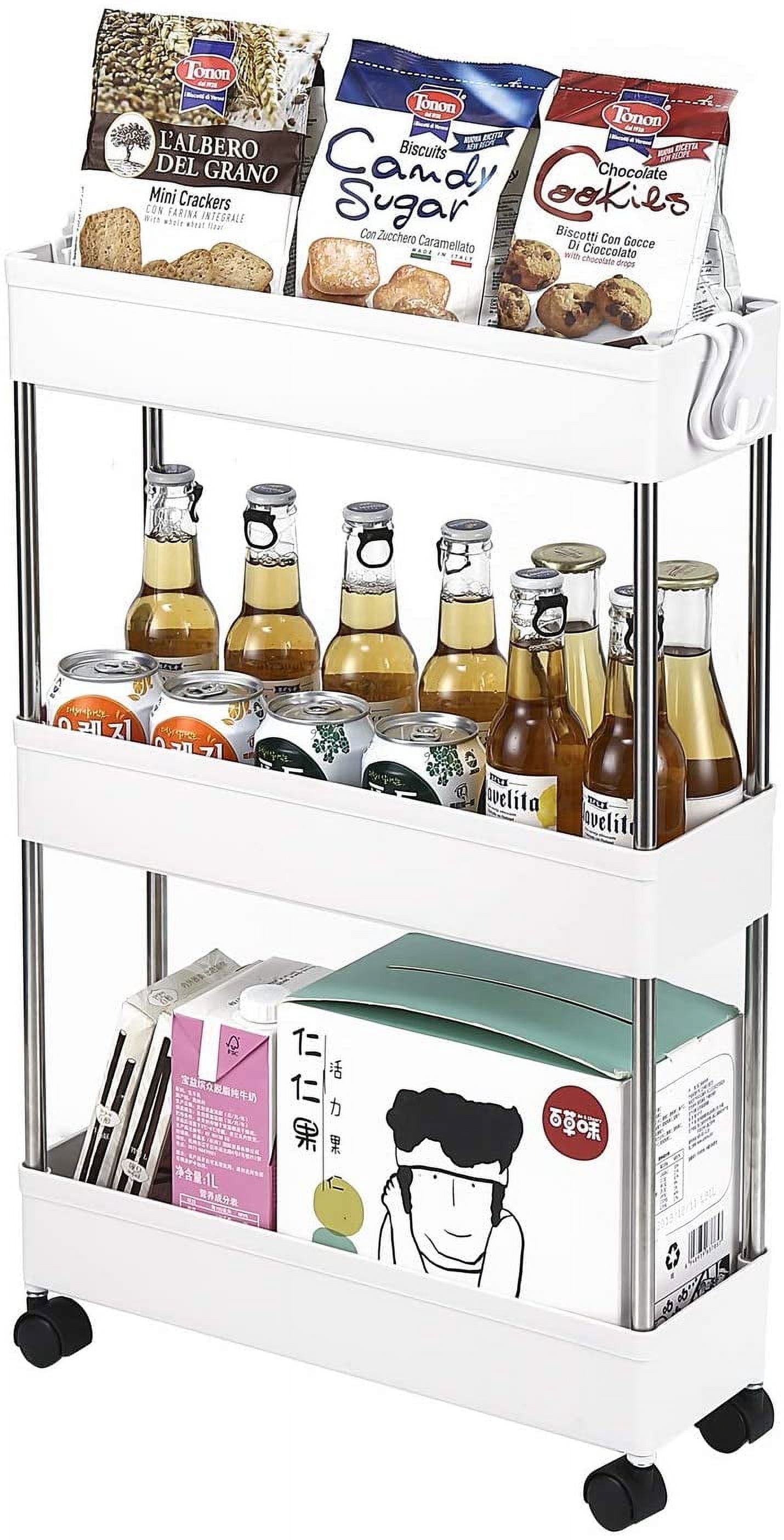 3 Tier Slim Storage Cart with Wheels, Narrow Rolling Cart with 4 Hooks ...