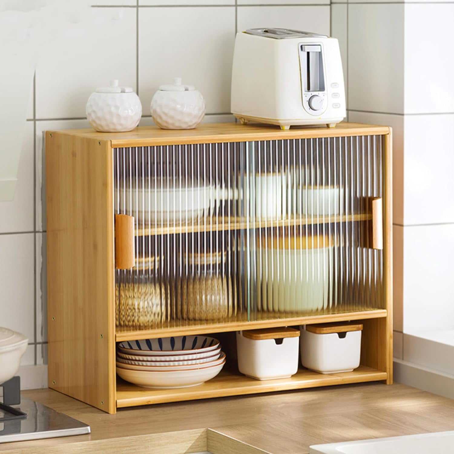 3-Tier Small Bamboo Kitchen Pantry Sideboard with Sliding Striped Glass ...