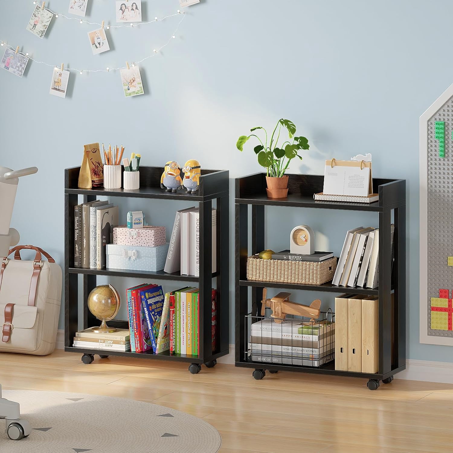 3-Tier Small Bookshelf with Wheels, Bedside Cart Library Cart, Rolling ...