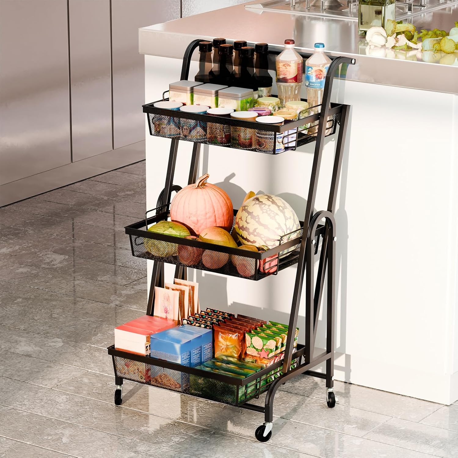 3-Tier Small Kitchen Storage Cart on Wheels, Metal Fruit Basket Stand ...