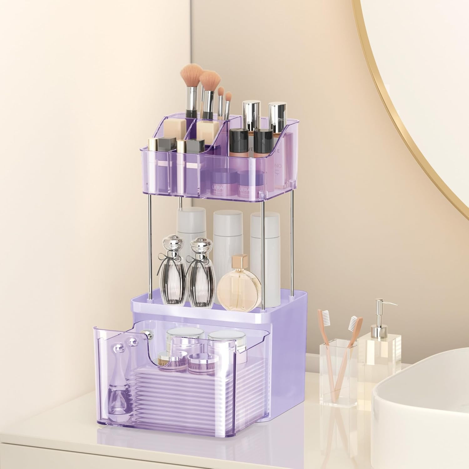 3 Tier Small Makeup Organizer Countertop with Drawer - Bathroom Makeup ...