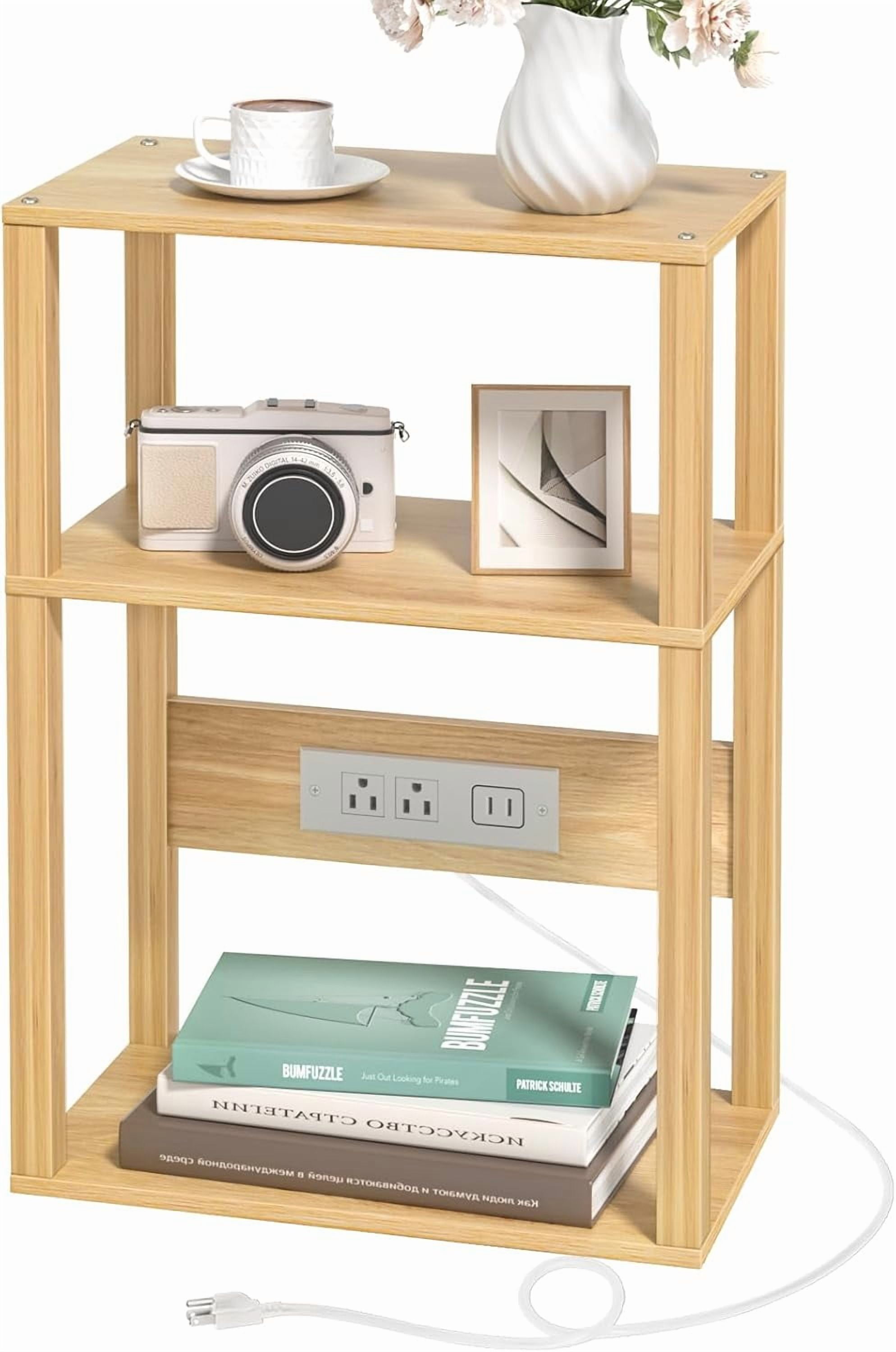 3-Tier Small Narrow Bamboo Side Table with Charging Station, Skinny ...