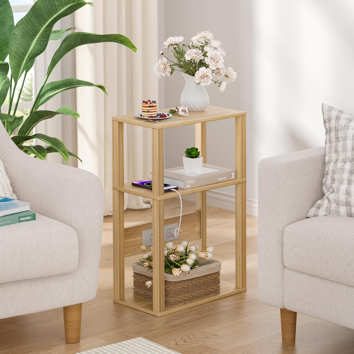 3 Tier Small Narrow Bamboo Side Table Set of 2 with Charging Station ...