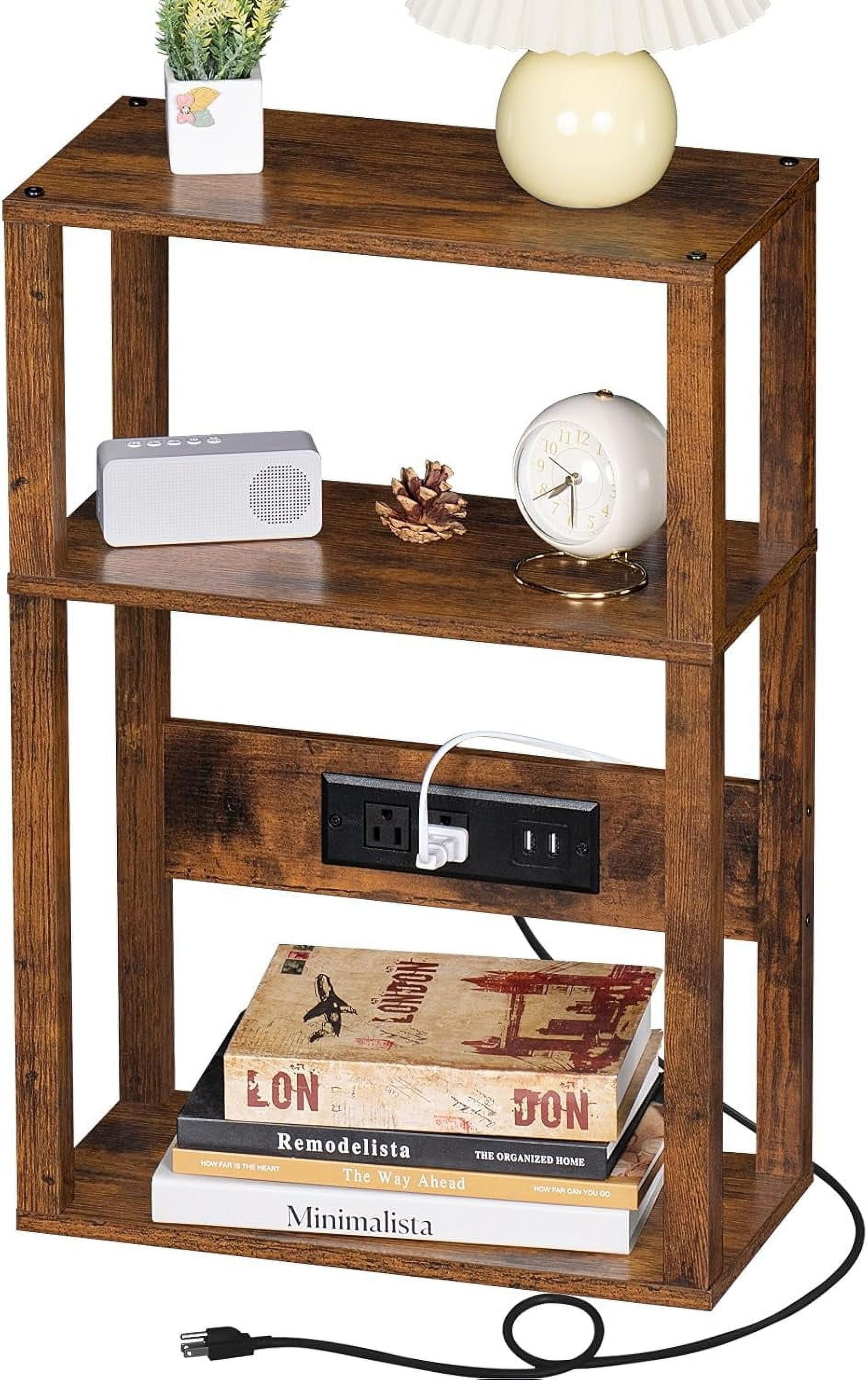 3-Tier Small Narrow Wood Side Table with Charging Station, Skinny ...