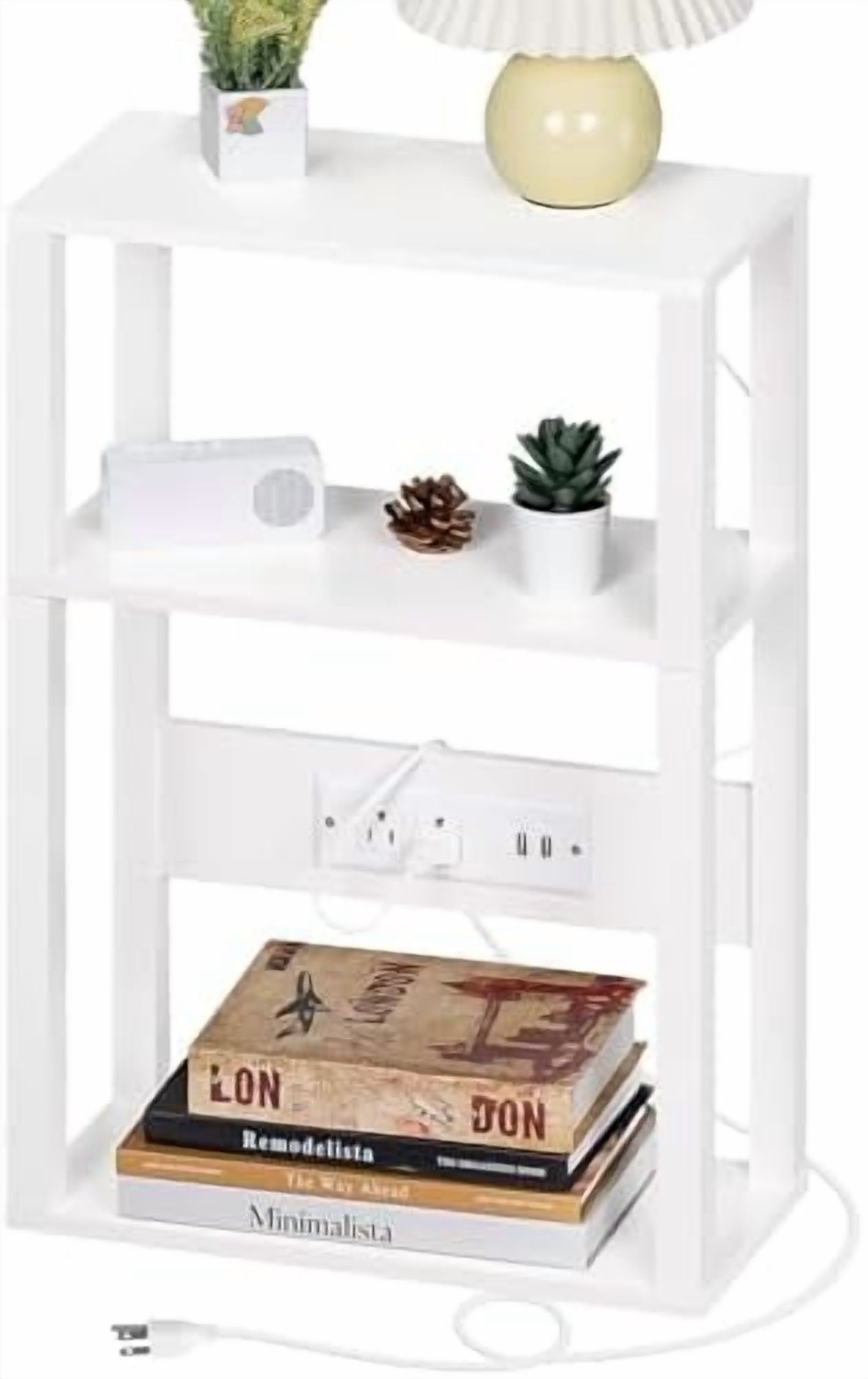 3-Tier Small Narrow Wood Side Table with Charging Station, Skinny ...