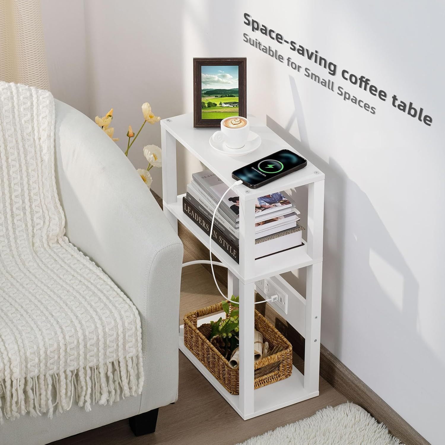 3-Tier Small Narrow Wood Side Table with Charging Station, Skinny ...