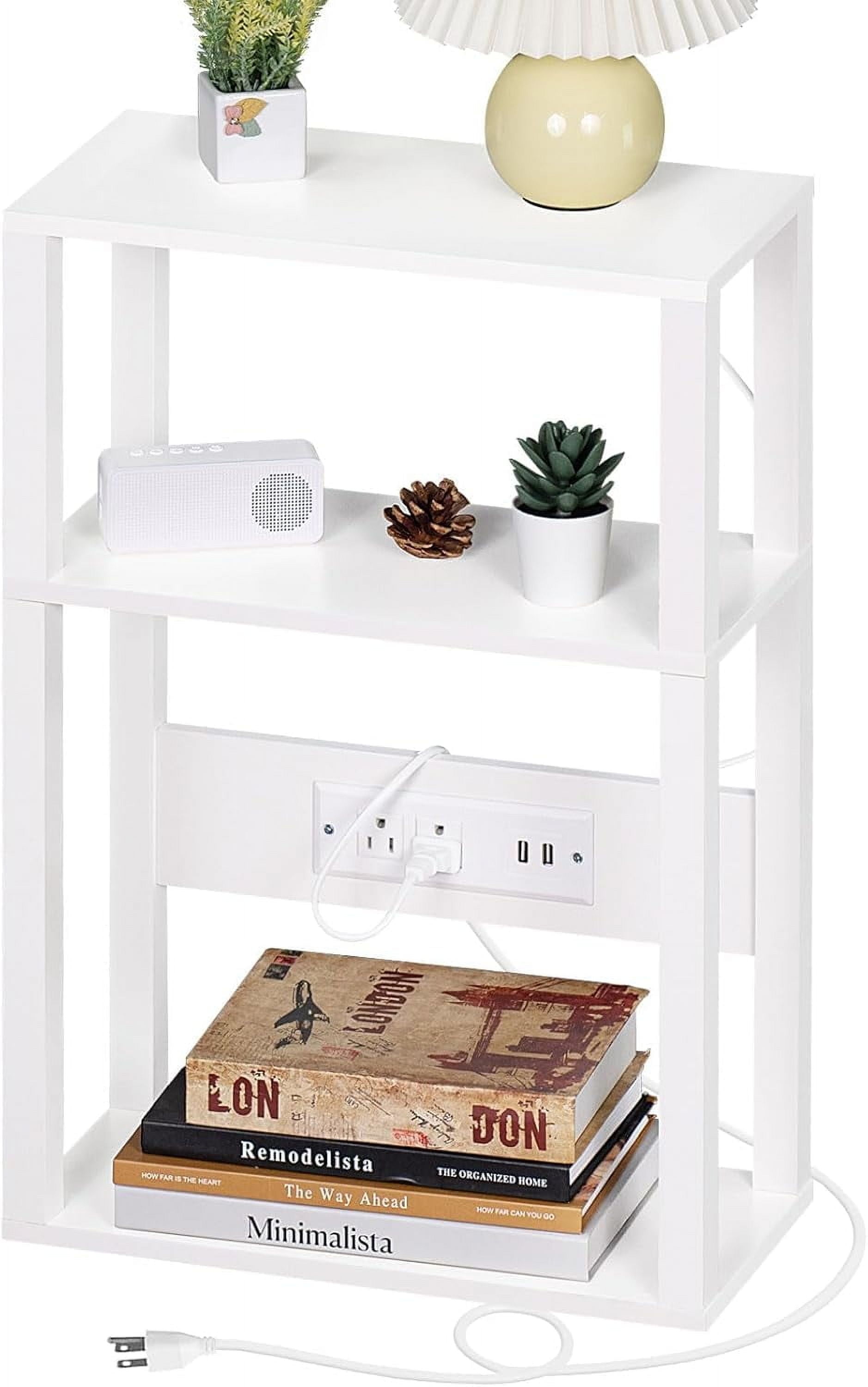 3-Tier Small Narrow Wood Side Table with Charging Station, Skinny ...