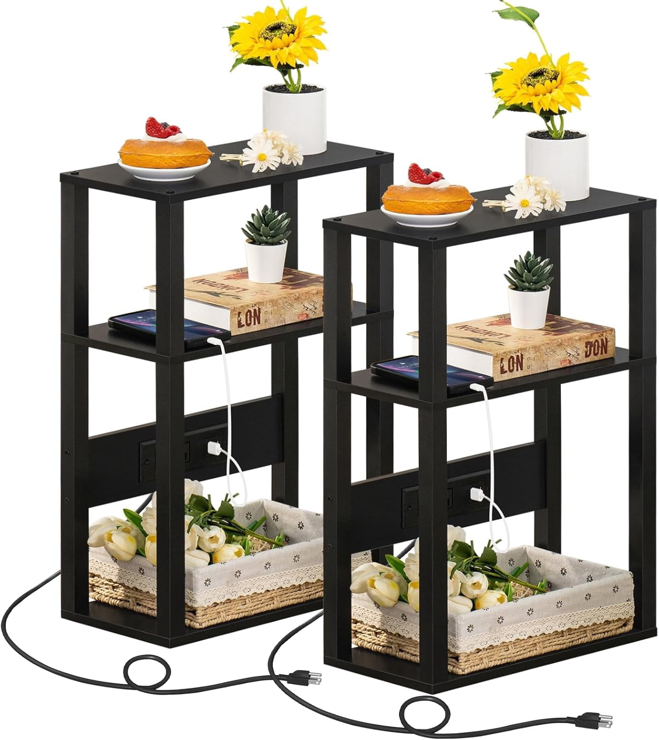 3-Tier Small Narrow Wood Side Table Set of 2 with Charging Station ...
