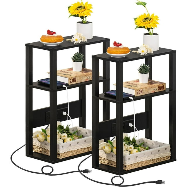 3-Tier Small Narrow Wood Side Table Set of 2 with Charging Station ...