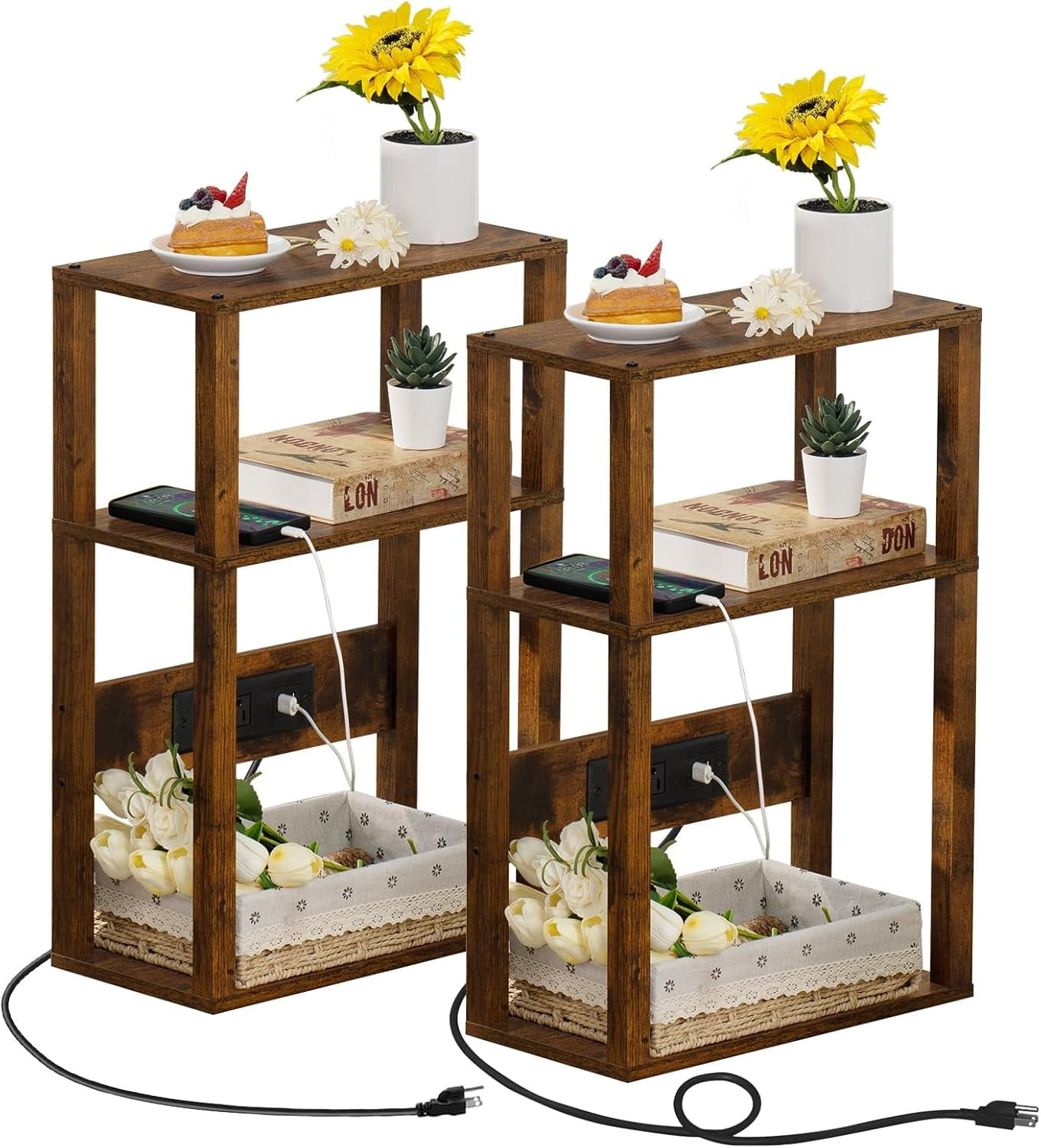 3-Tier Small Narrow Wood Side Table Set of 2 with Charging Station ...