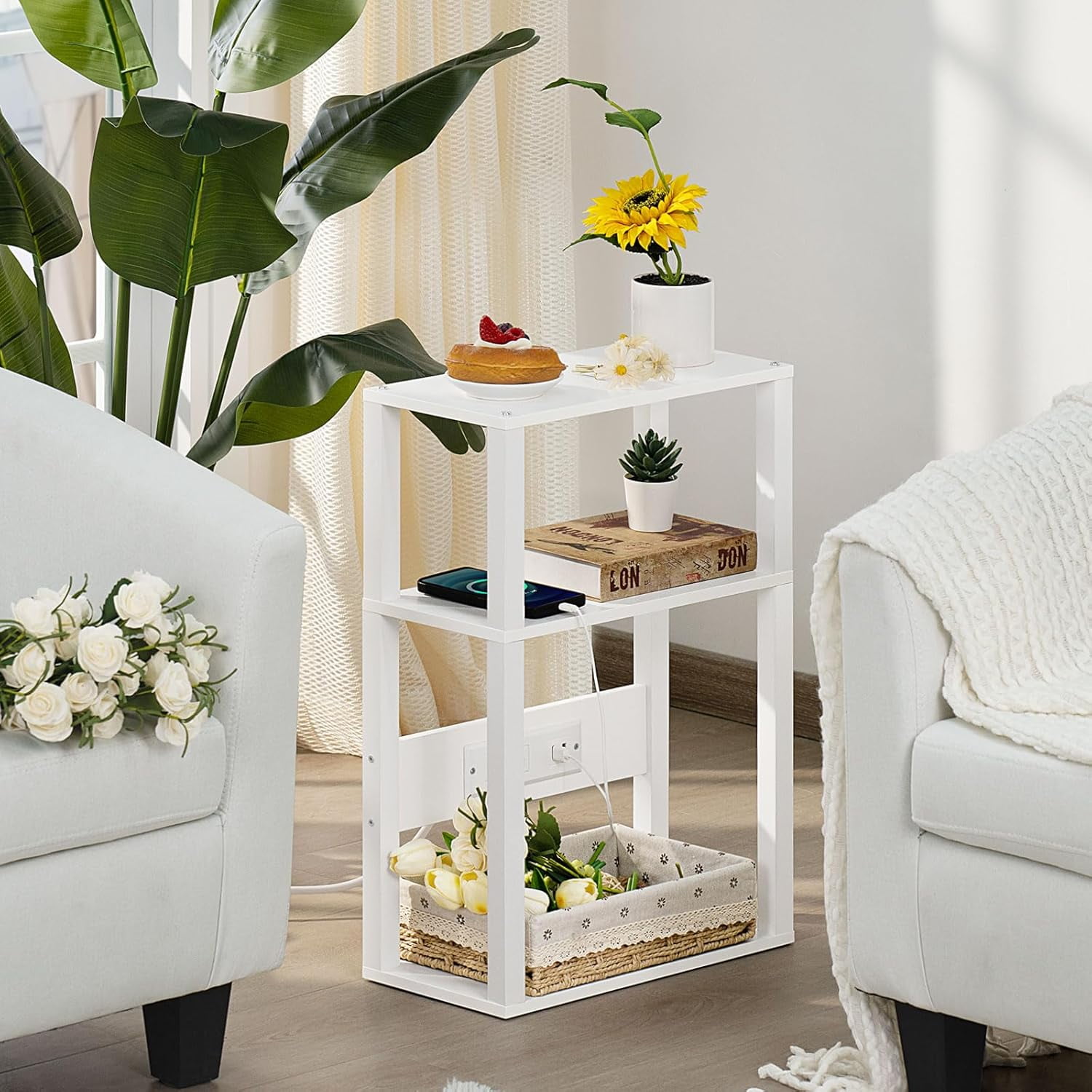 3-Tier Small Narrow Wood Side Table Set of 2 with Charging Station ...