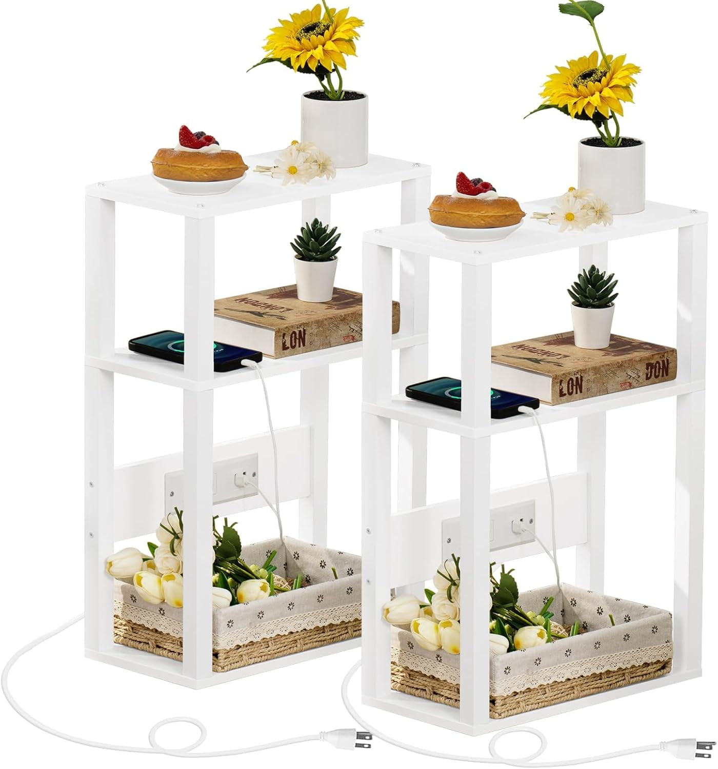 3-Tier Small Narrow Wood Side Table Set of 2 with Charging Station ...