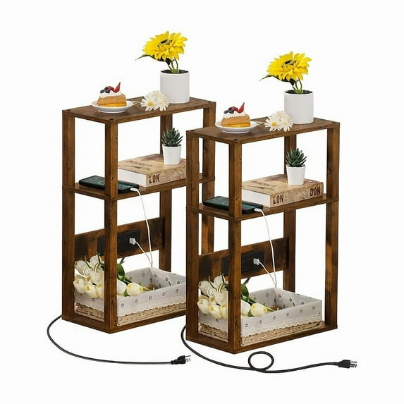3-Tier Small Narrow Wood Side Table With Charging Station, Skinny ...