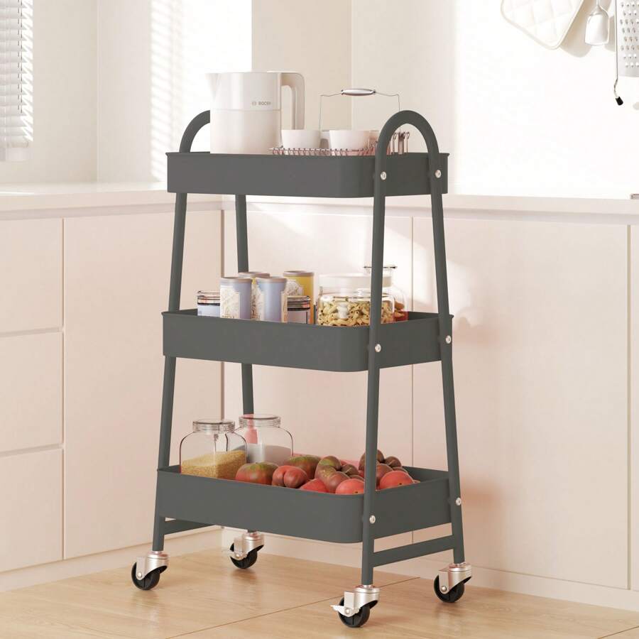 3 Tier Small Rolling Cart, Metal Utility Storage Organizer Kitchen ...