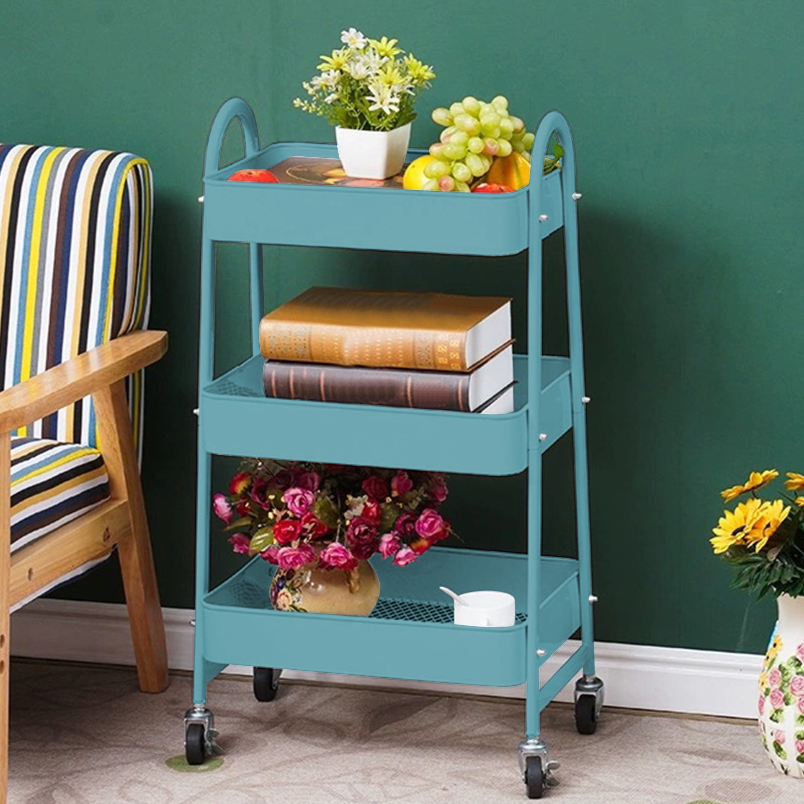 3 Tier Small Rolling Cart with Wheels, Plastic Utility Storage ...