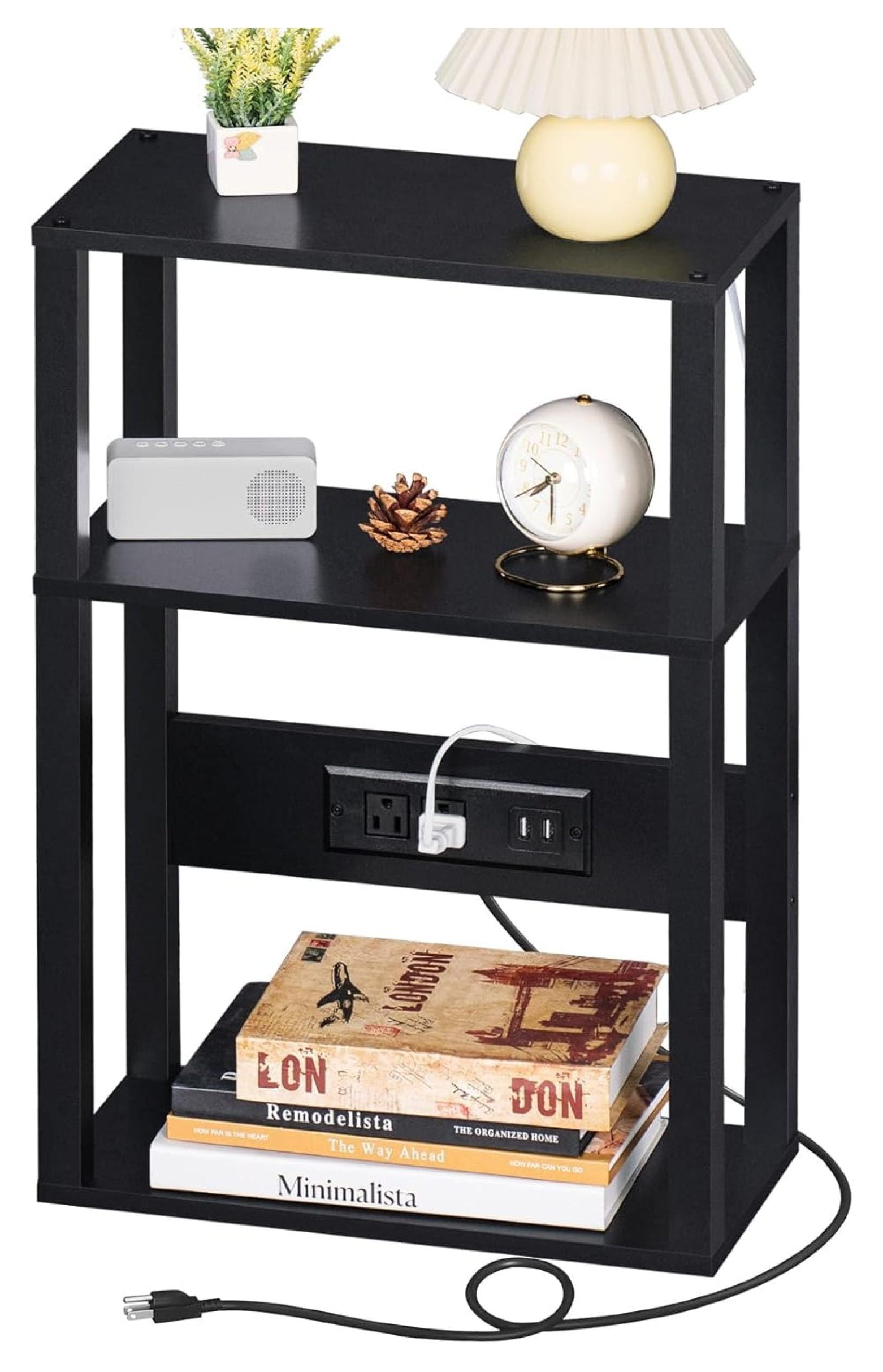 3-Tier Small Wood Side Table with Charging Station, Skinny Nightstand ...