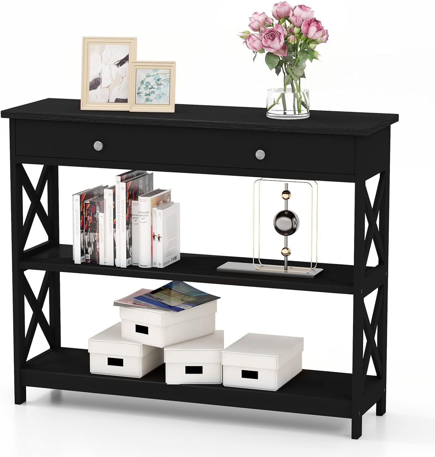 3-Tier Sofa Tables, Long Narrow Console Table with Large Drawer & 2 ...