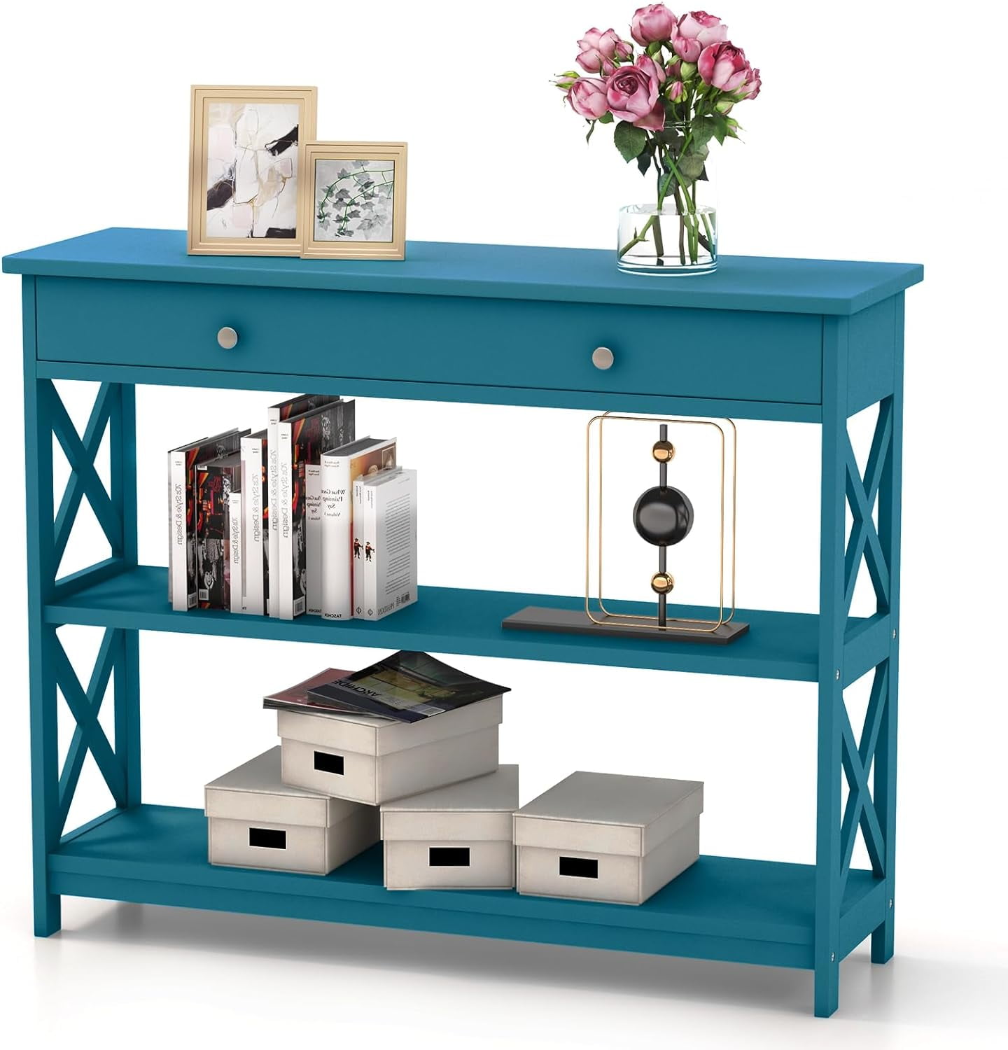 3-Tier Sofa Tables, Long Narrow Console Table with Large Drawer & 2 ...
