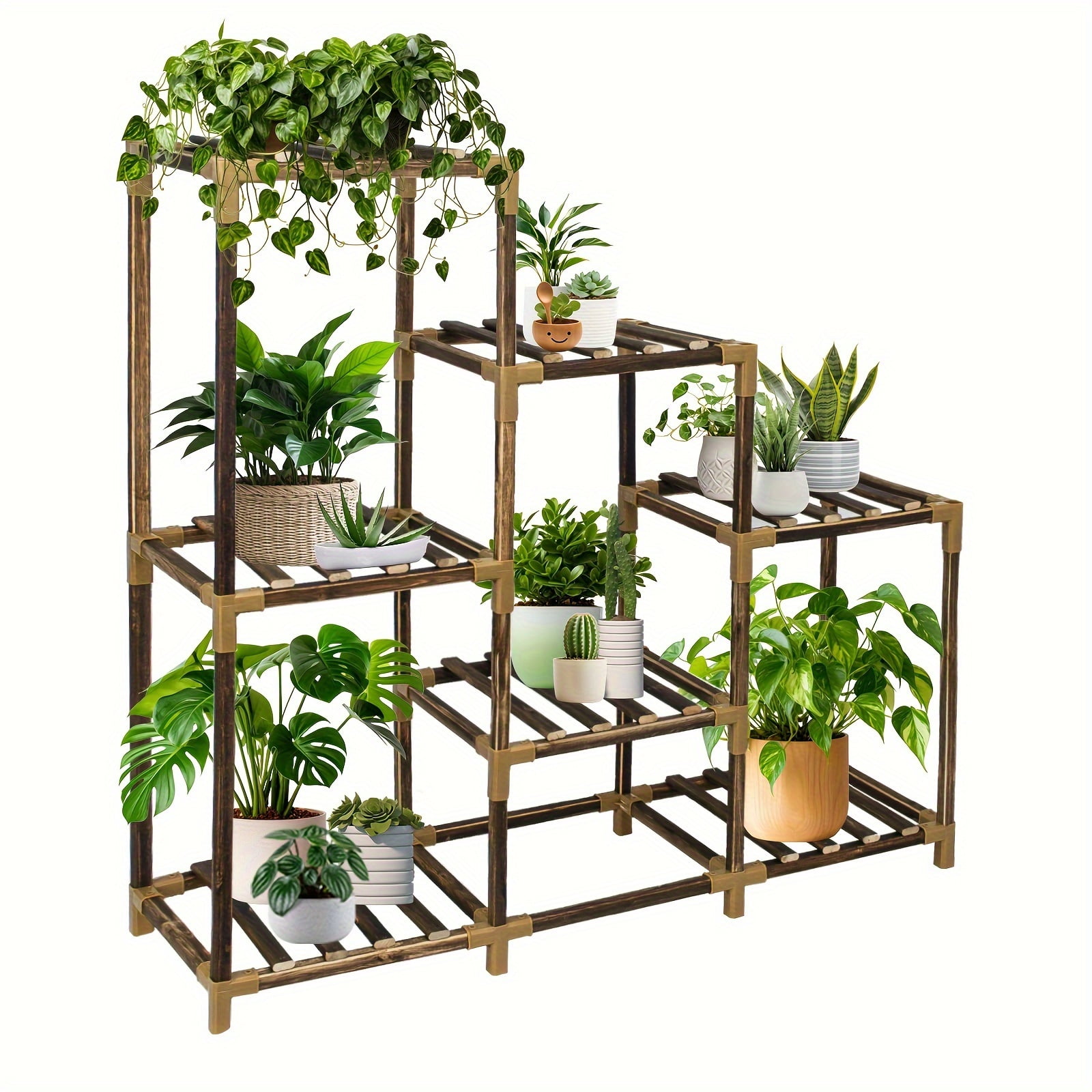 3-Tier Solid Wood Plant Stand for 7 Potted Plants – Indoor/Outdoor ...