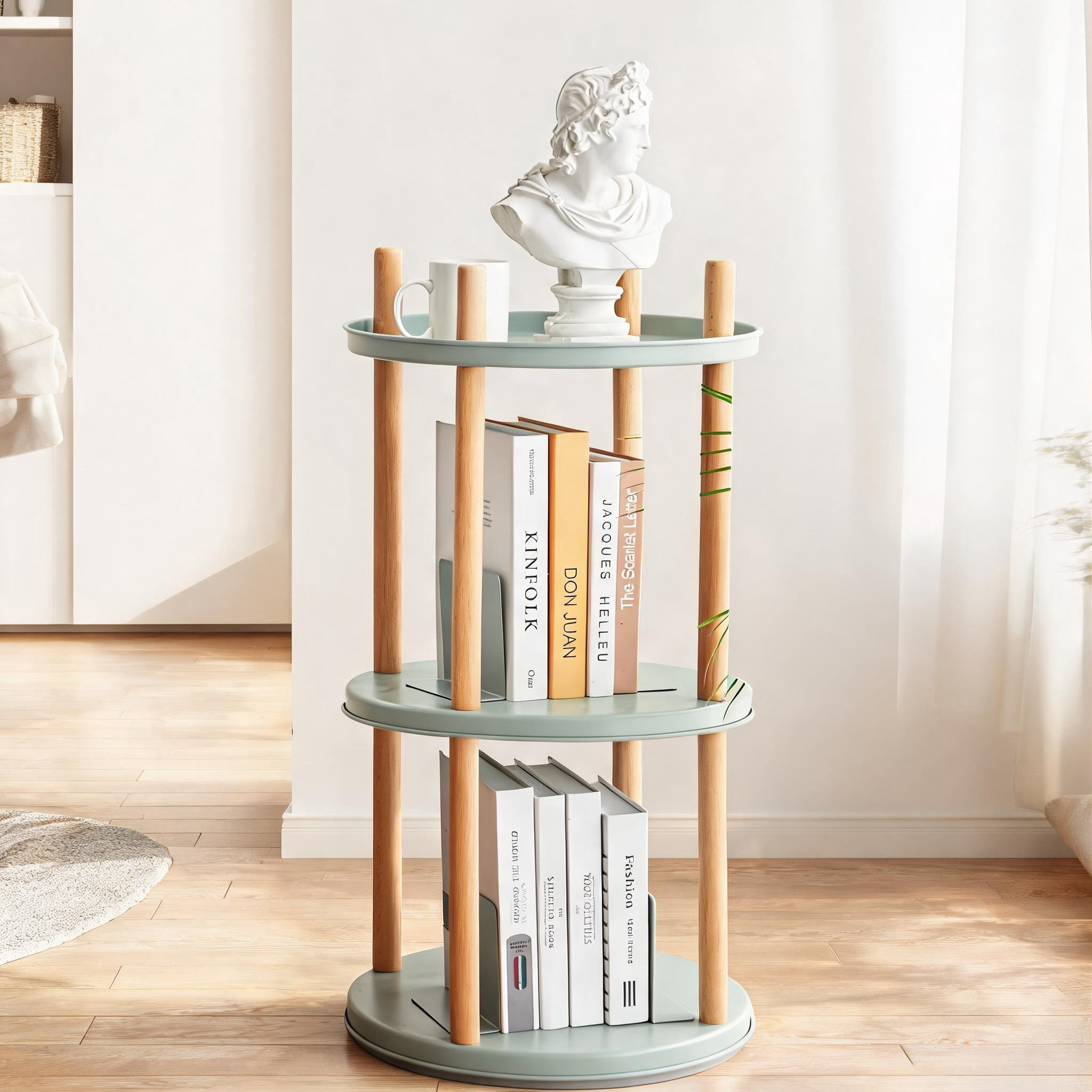 3-Tier Solid Wood Rotating Bookshelf in Deep Blue with 360° Swivel ...