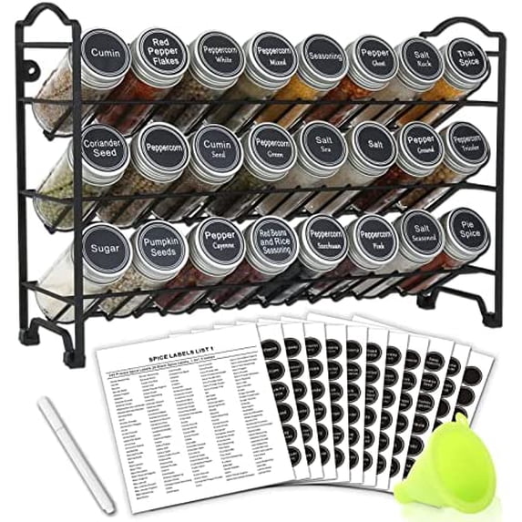 3 Tier Spice Rack Organizer with 24 Empty Round Spice Jars, 396 Spice ...
