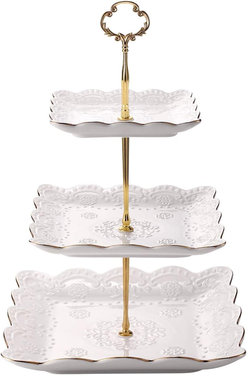 3-Tier Square Porcelain Cake Stand, White Rimmed with Gold Embossed ...