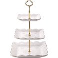3-Tier Square Porcelain Cake Stand, White Rimmed with Gold Embossed ...